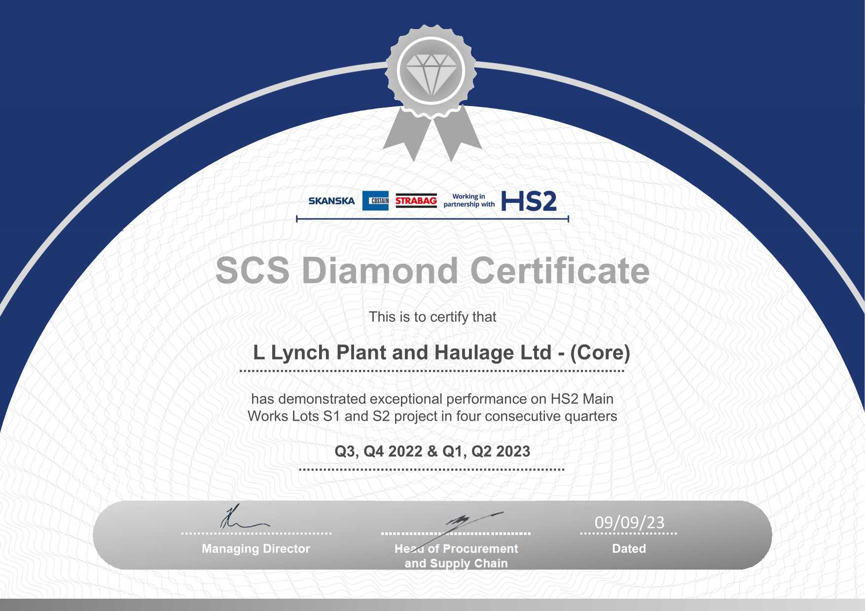 SCS Diamond Certification for outstanding performance on HS2